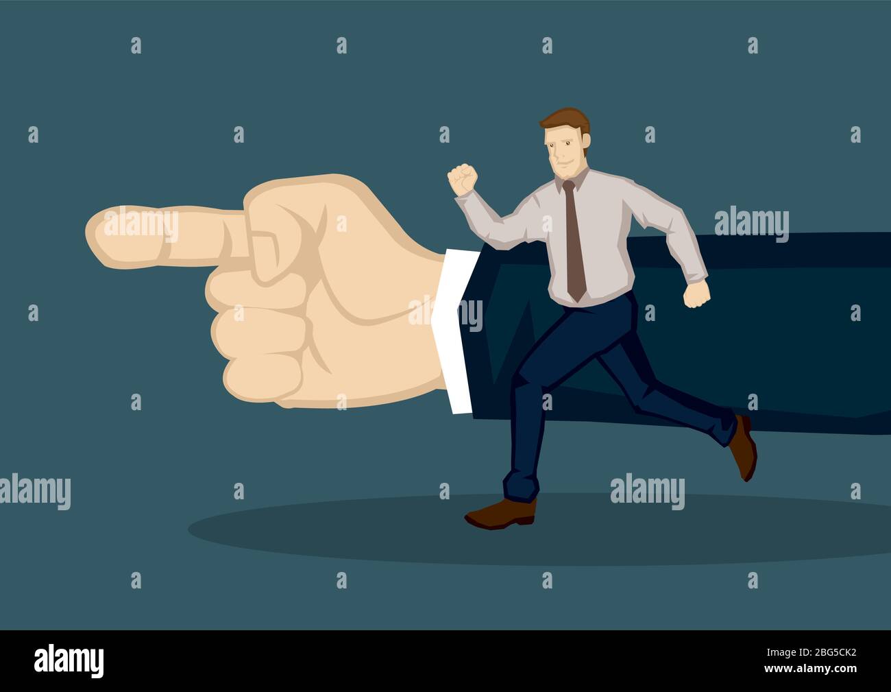 Cartoon businessman running towards the direction pointed by giant hand ...