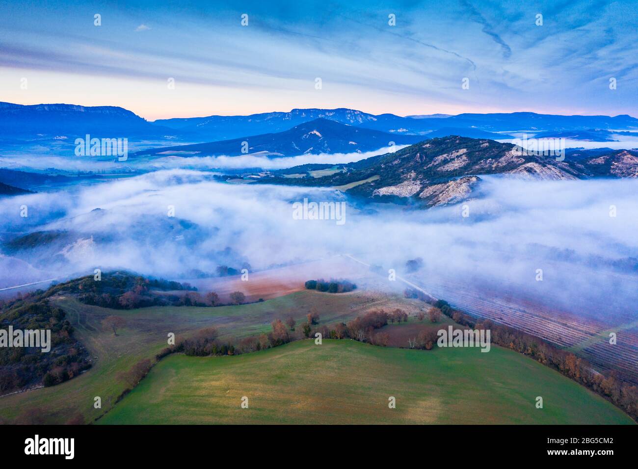 Agricultural area and fog. Aerial view Stock Photo - Alamy