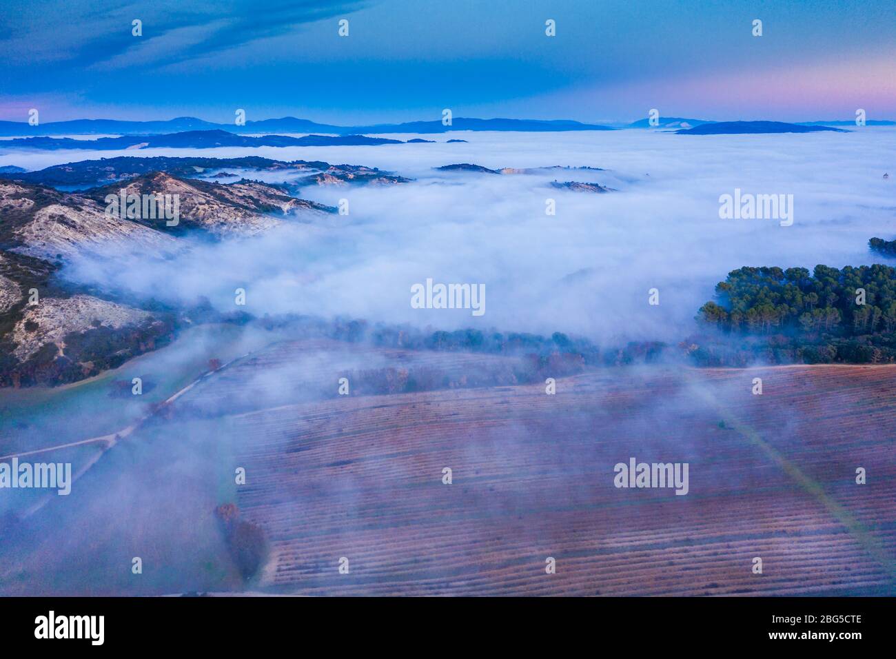 Agricultural area and fog. Aerial view Stock Photo - Alamy