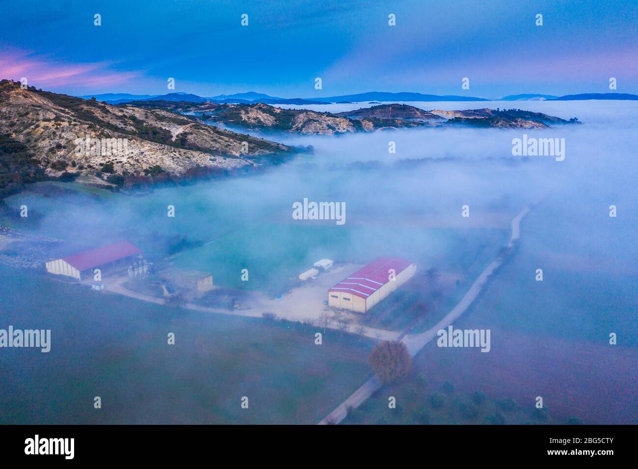 Agricultural area and fog. Aerial view Stock Photo - Alamy