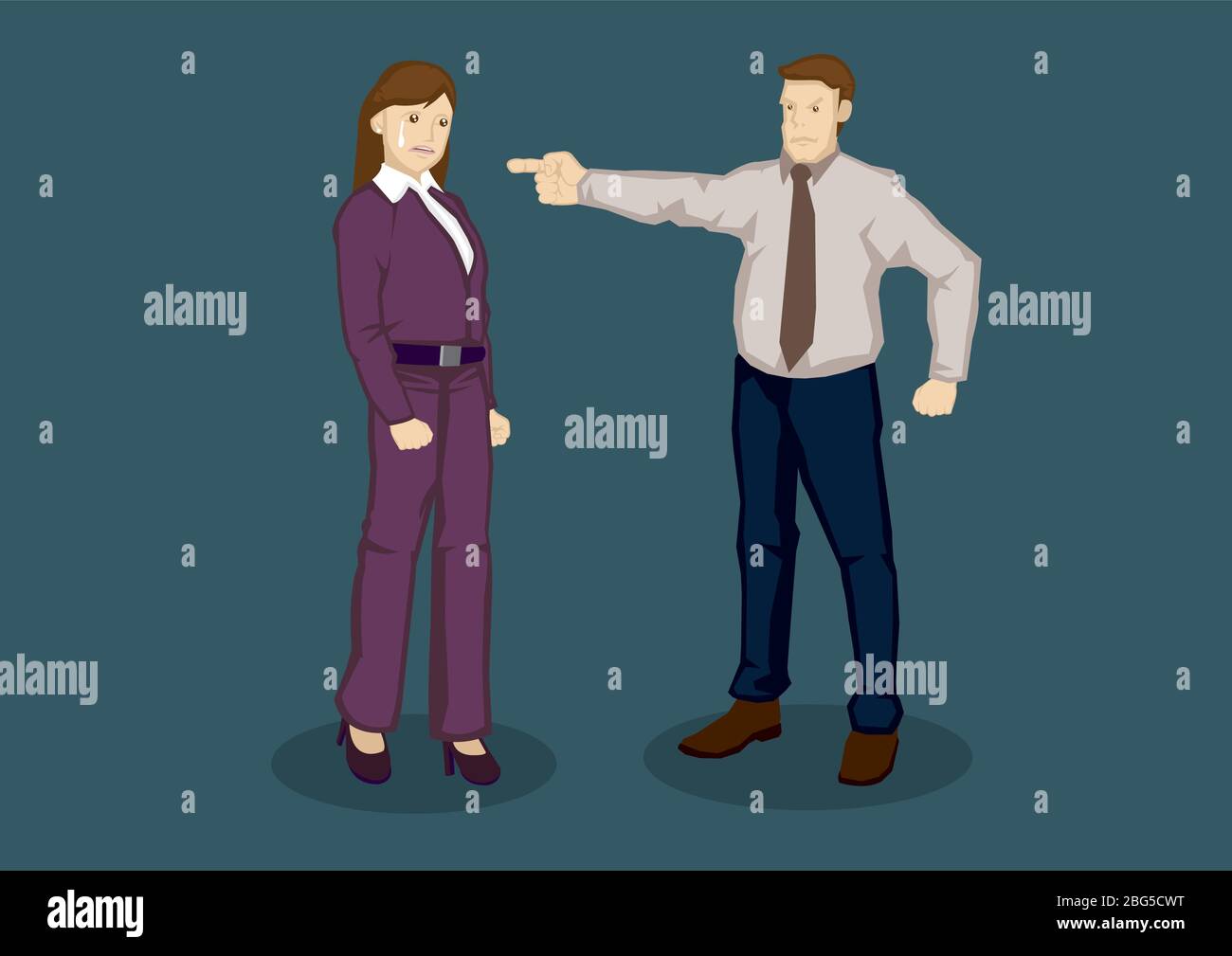 Cartoon woman worker scolded by boss and cried. Vector illustration of ...