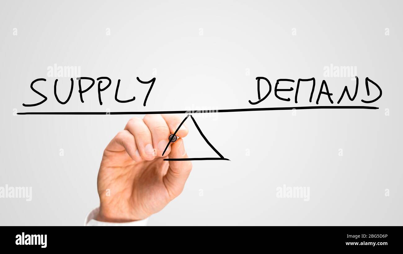 Male hand drawing seesaw with words supply and demand in perfect ...