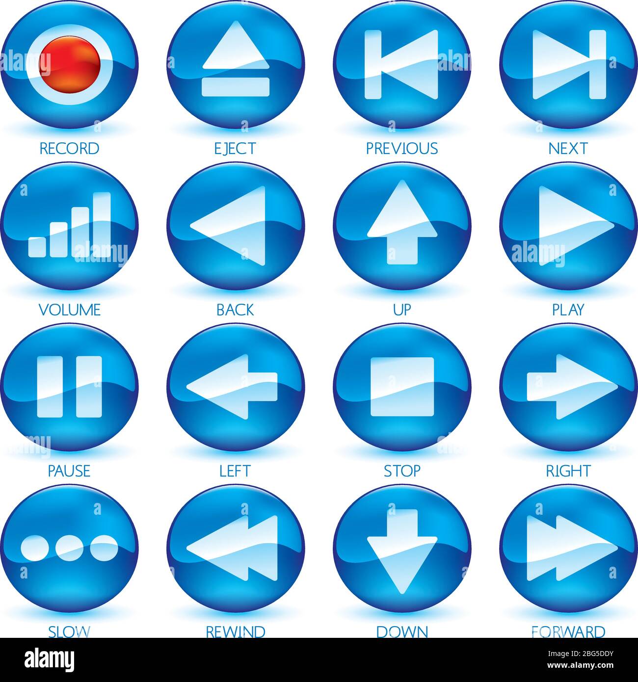 Vector illustration. Icons of media control in circular buttons. Color ...