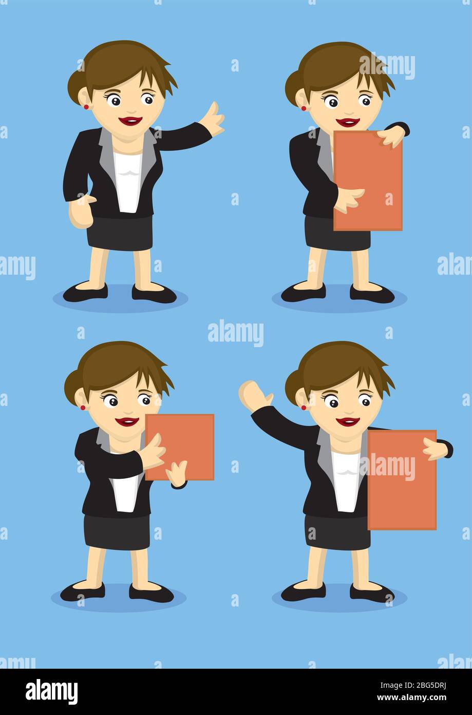Vector illustration of a cute happy business woman in four different ...