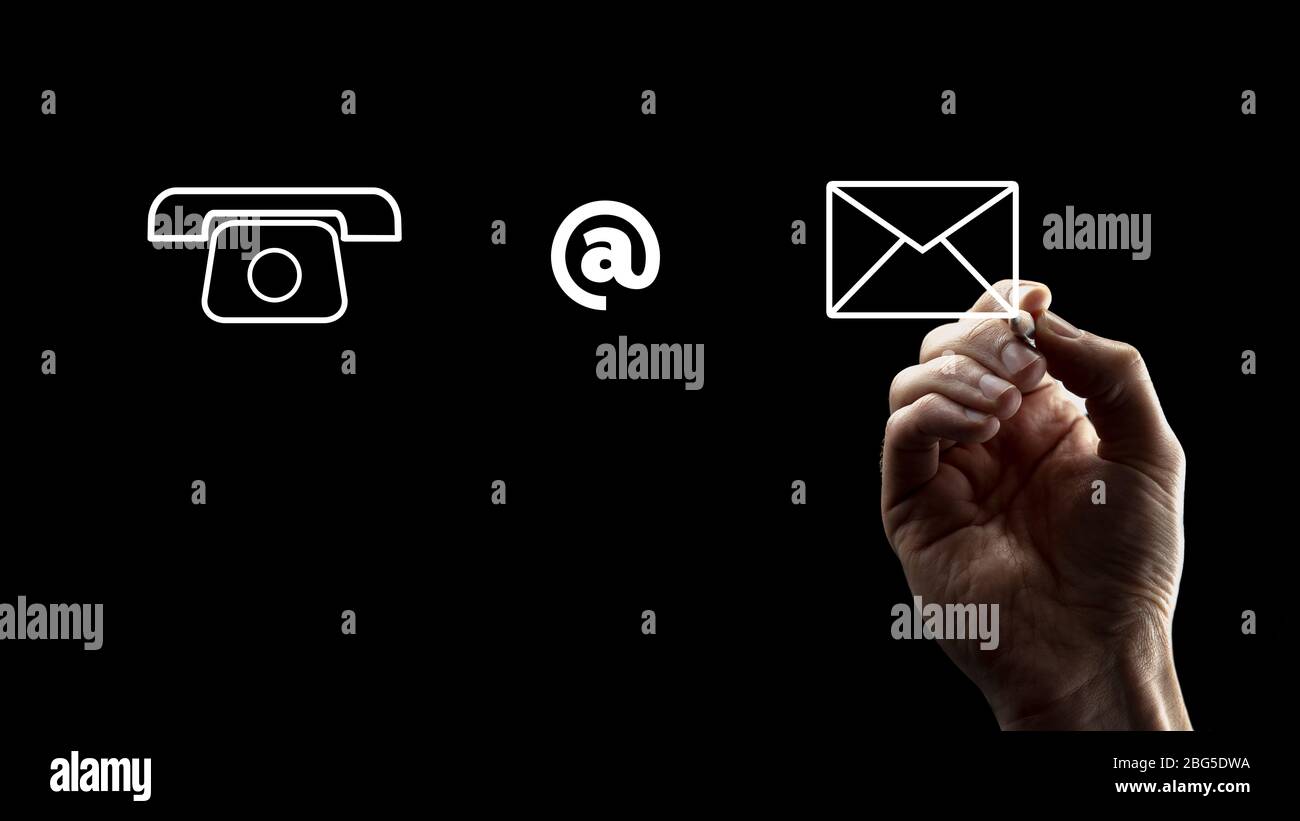 Hand Making Web Graphic Elements of Phone, At Sign and Envelope ...