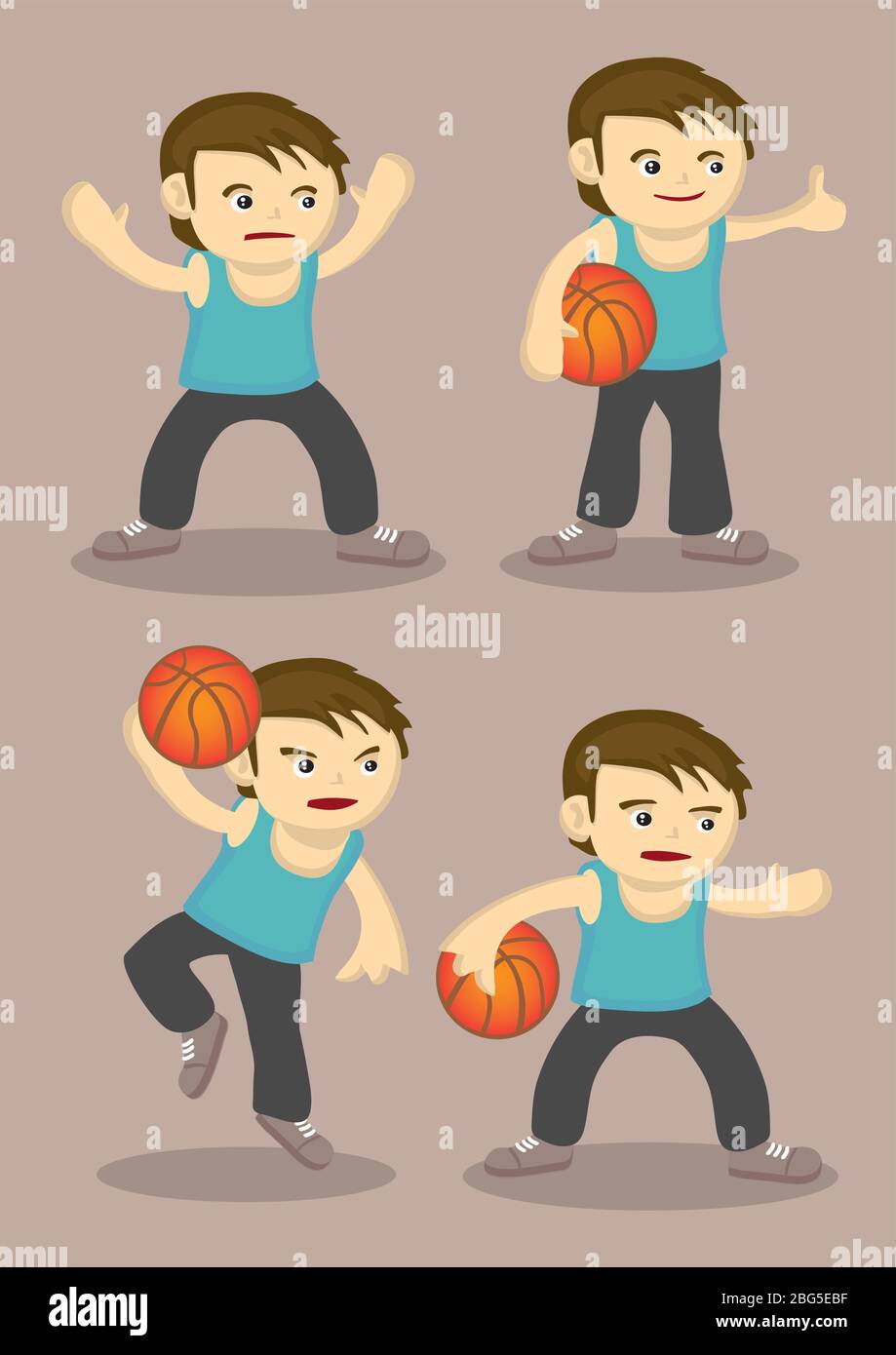 Vector cartoon of a young basketball player in four different poses ...