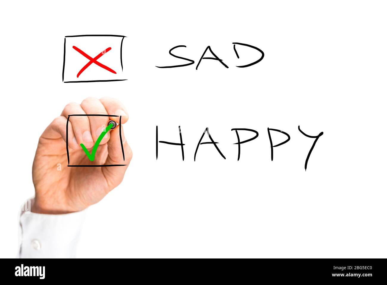 Man Marking X on Sad and Check on Happy in Check Box List in a ...