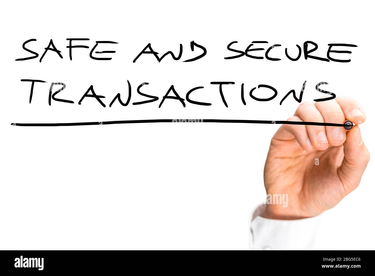 Male hand writing Safe and secure transactions sign on virtual screen ...