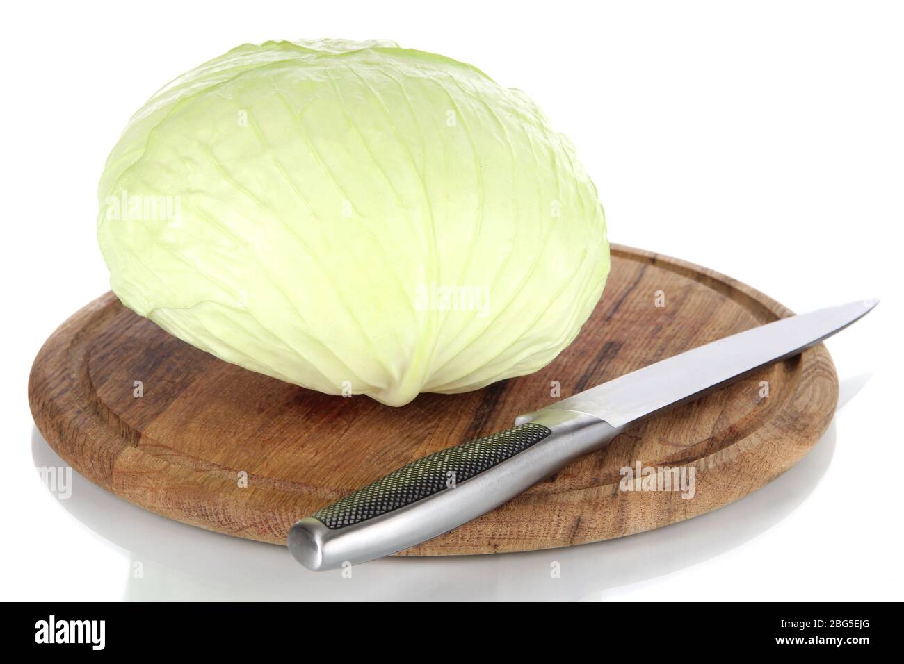 Whole green cabbage on cutting board with knife isolated on white Stock ...