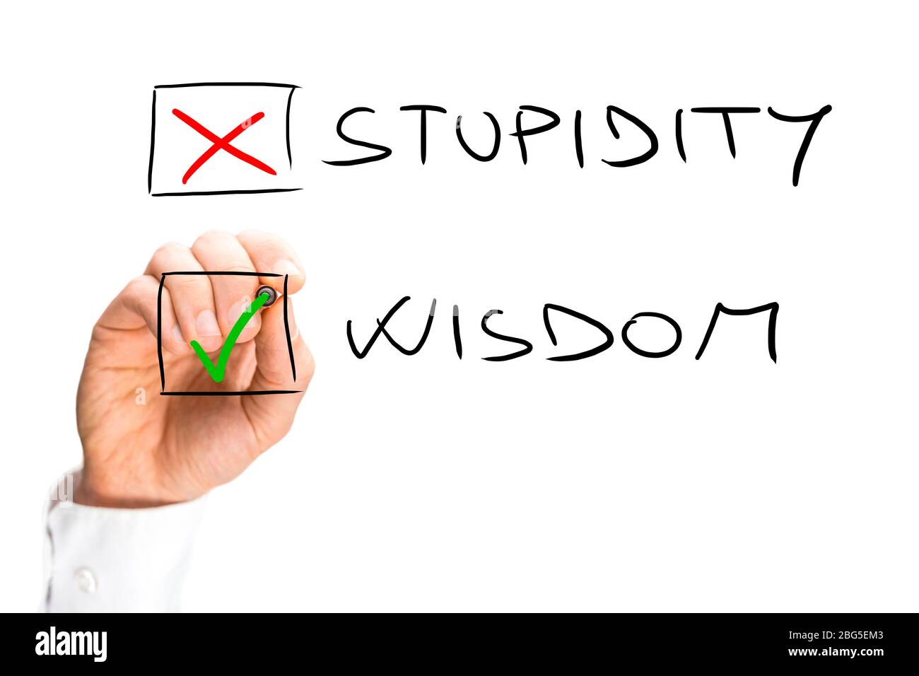 Human Hand Marking X on Stupidity and Check on Wisdom in Check Box List ...