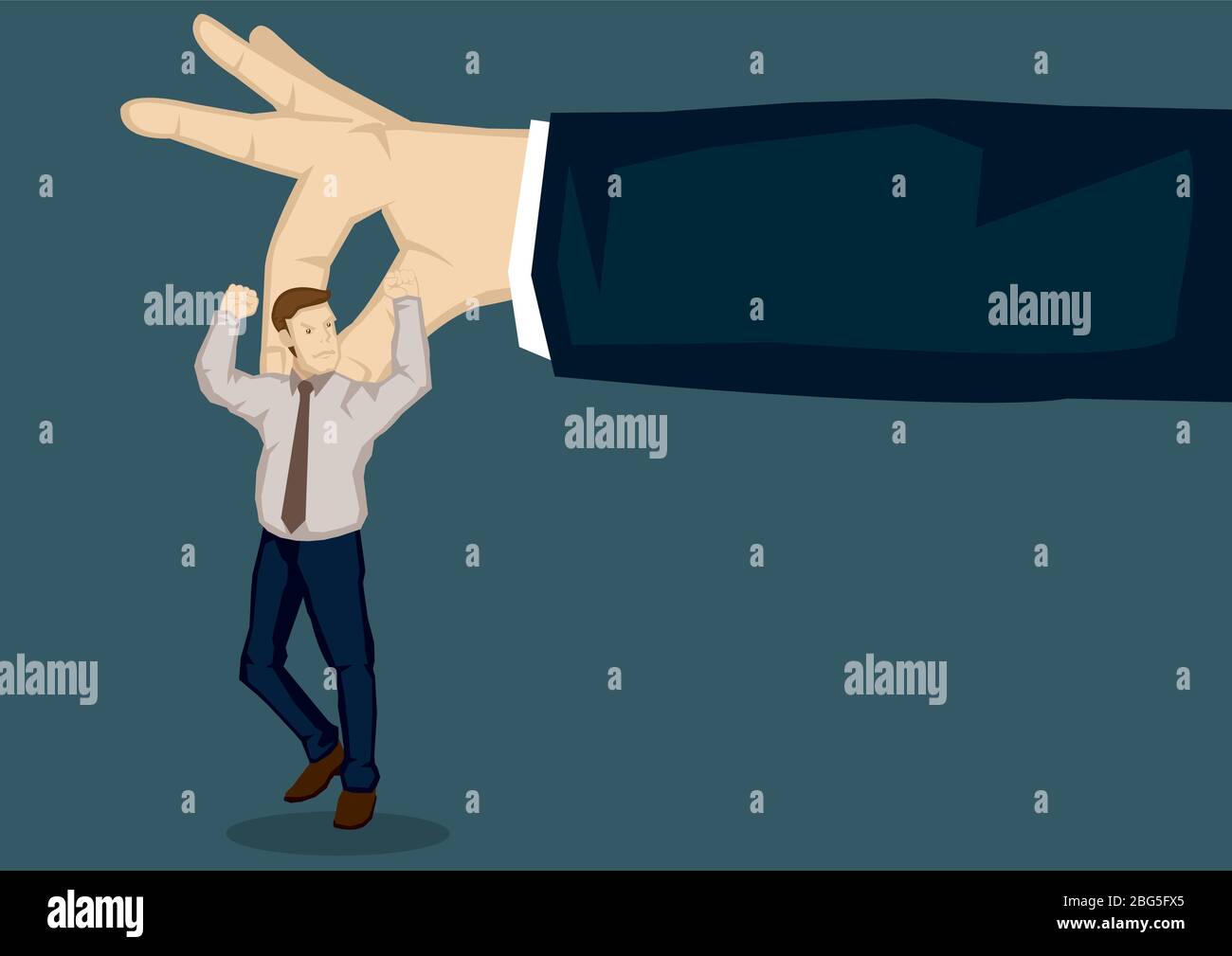 Giant hand picking a cartoon businessman with thumb and index finger ...