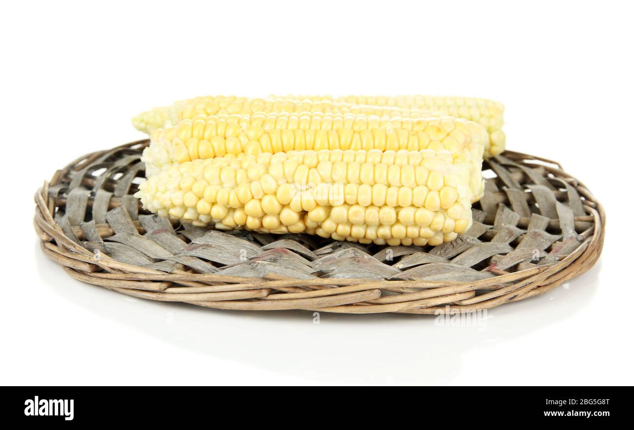 Fresh corn on wicker mat, isolated on white Stock Photo - Alamy