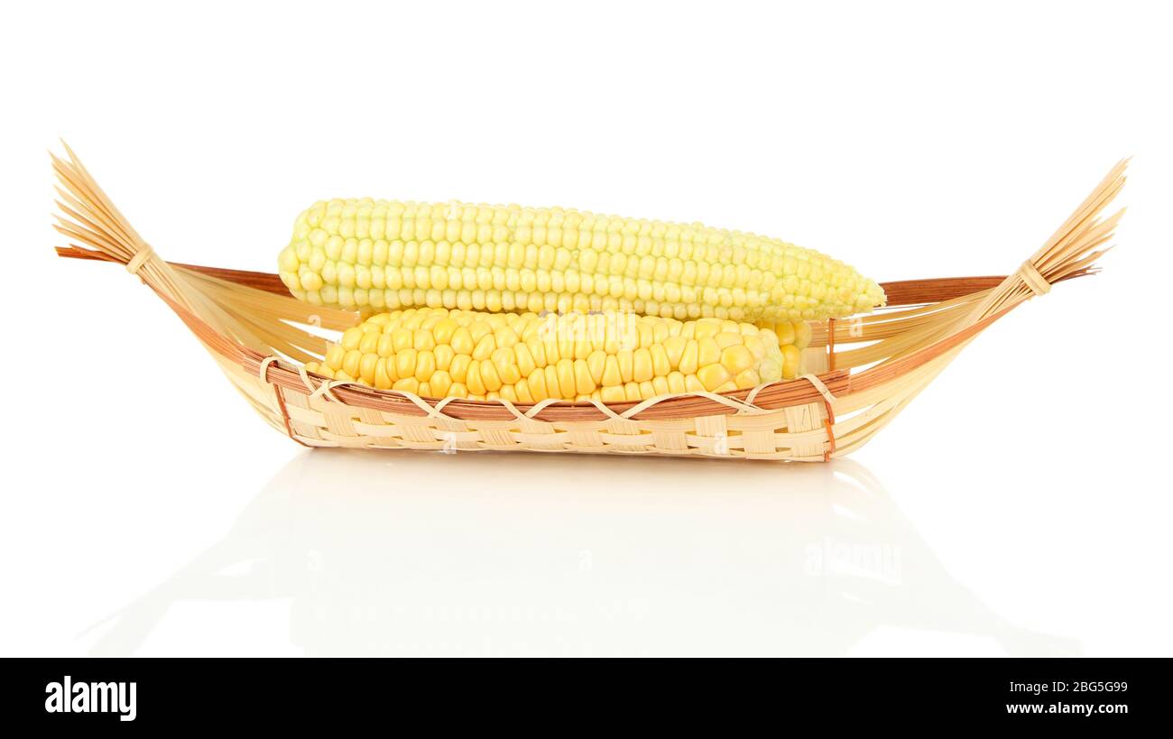 Fresh corn on wicker mat, isolated on white Stock Photo - Alamy
