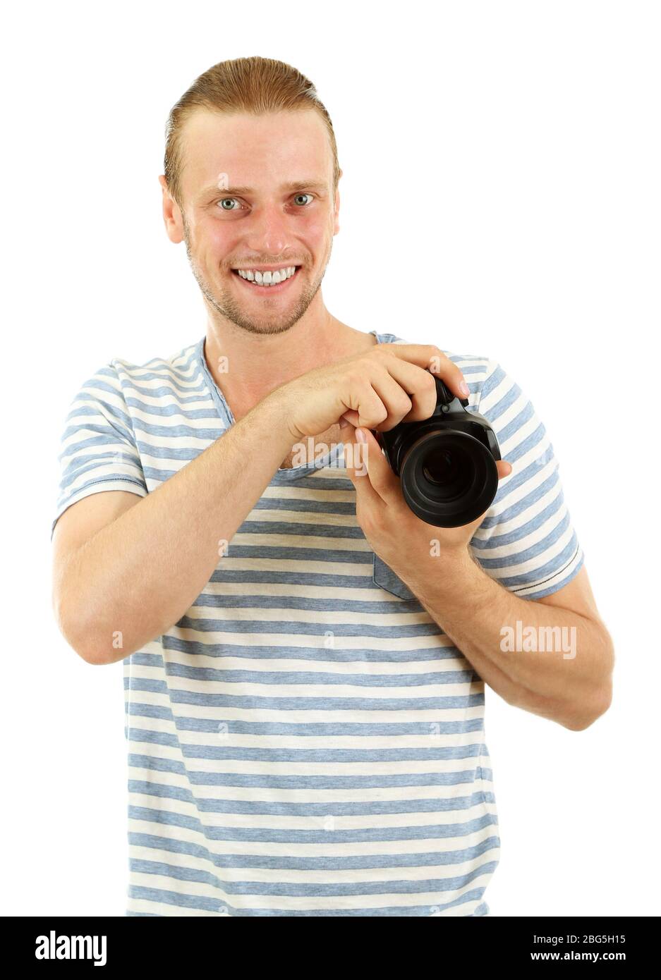 Handsome photographer with camera, isolated on white Stock Photo - Alamy