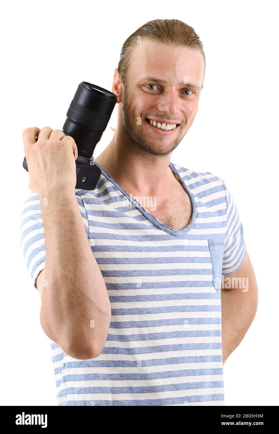 Handsome photographer with camera, isolated on white Stock Photo - Alamy