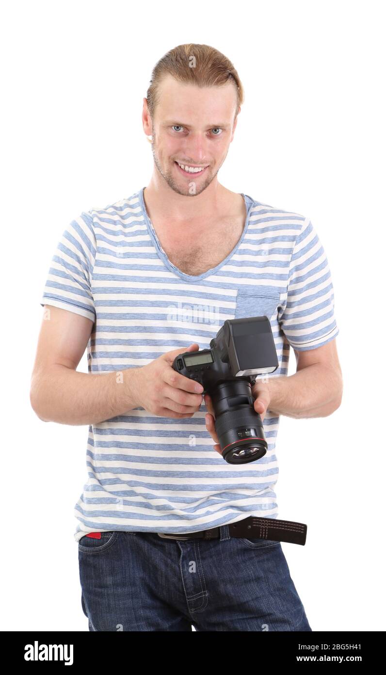 Handsome photographer with camera, isolated on white Stock Photo - Alamy
