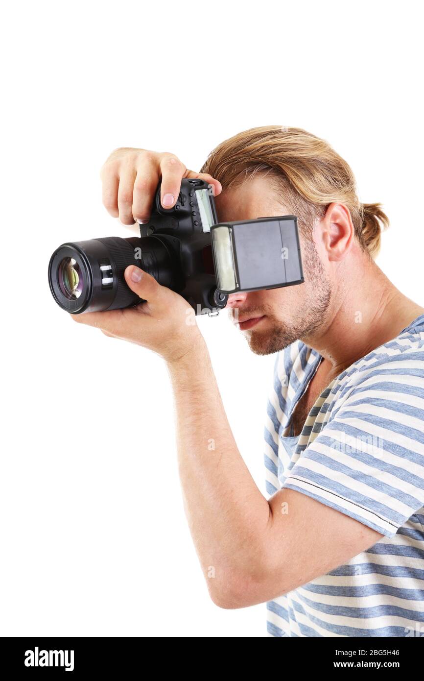 Handsome photographer with camera, isolated on white Stock Photo - Alamy