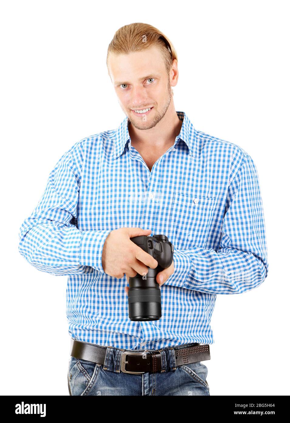 Handsome photographer with camera, isolated on white Stock Photo - Alamy