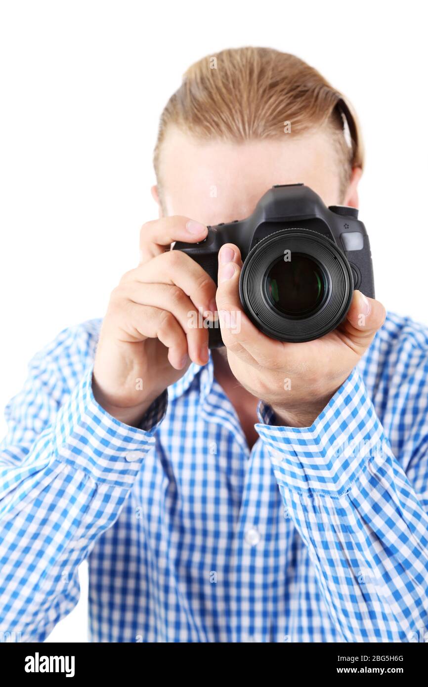 Handsome photographer with camera, isolated on white Stock Photo - Alamy