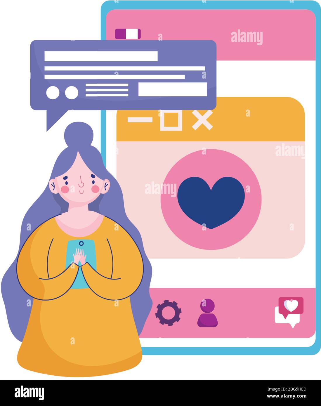 people and smartphone, young woman with mobile sms chat talk bubble ...