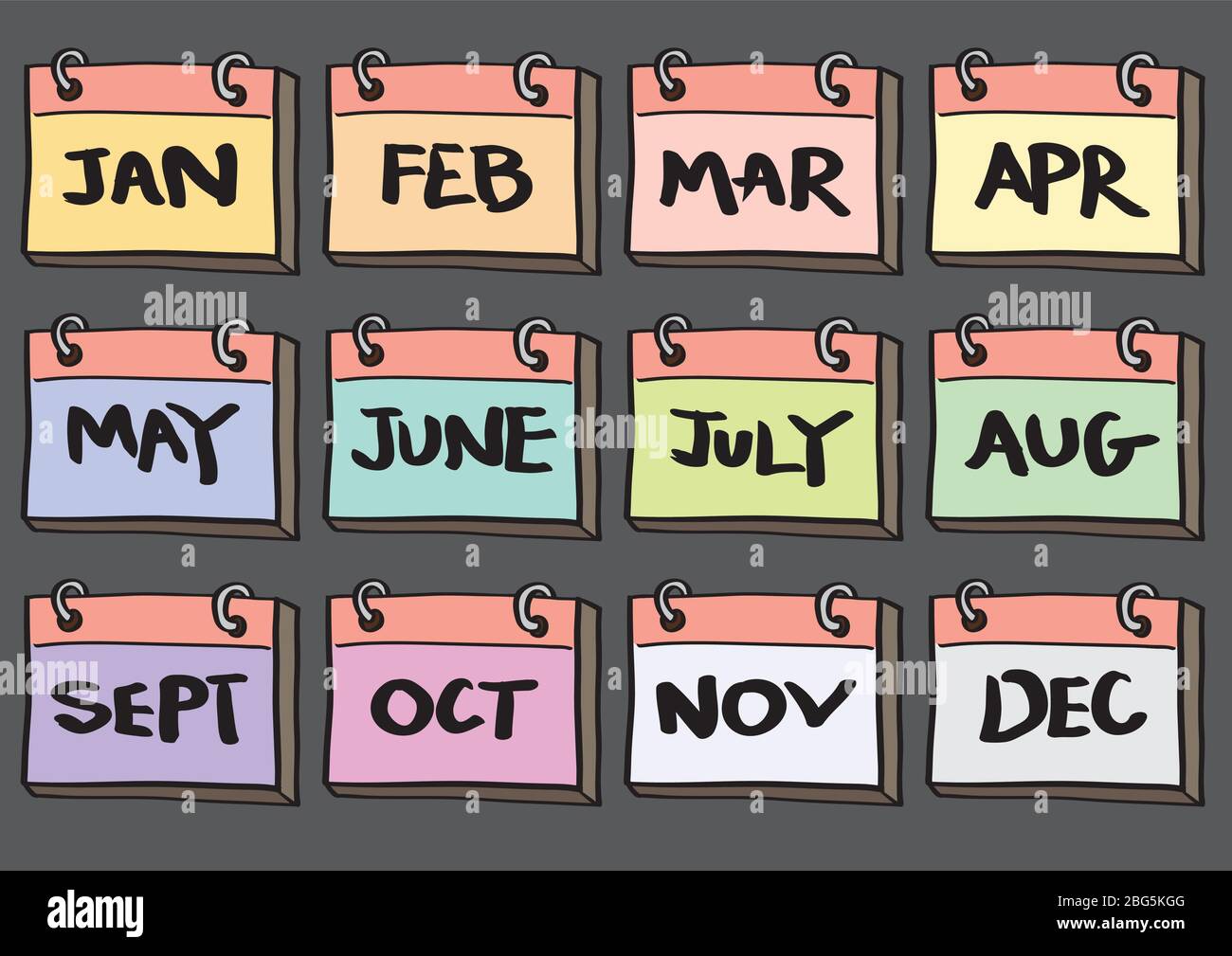 Vector illustration of cartoon monthly calendar to be used as icons ...