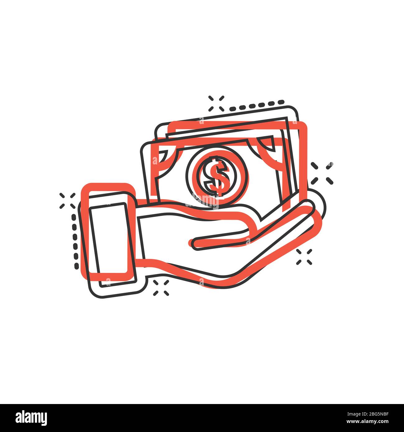 Remuneration icon in comic style. Money in hand cartoon vector ...