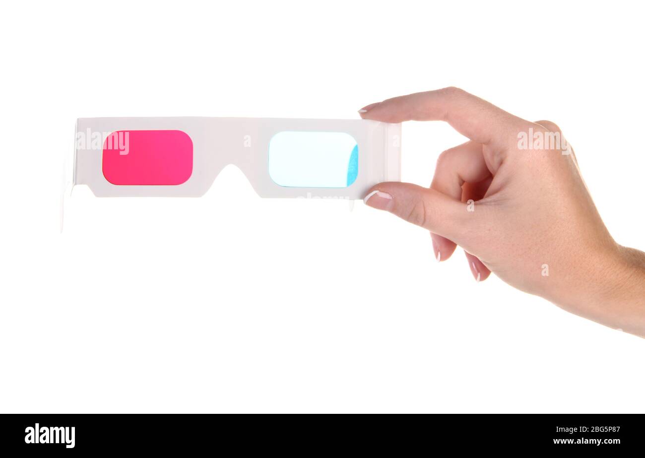 Female hand holding 3D glasses , isolated on white Stock Photo - Alamy