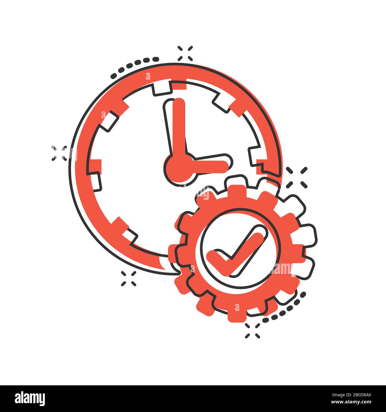 Check mark on clock icon in comic style. Gear with time cartoon vector ...