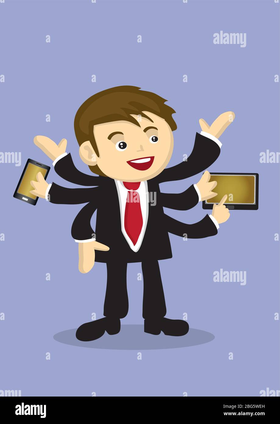 Vector illustration of a busy businessman with six arms multitasking ...