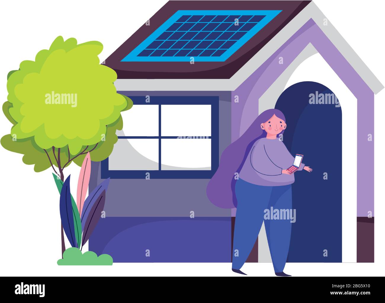 people and smartphone, woman using mobile outside house with solar ...