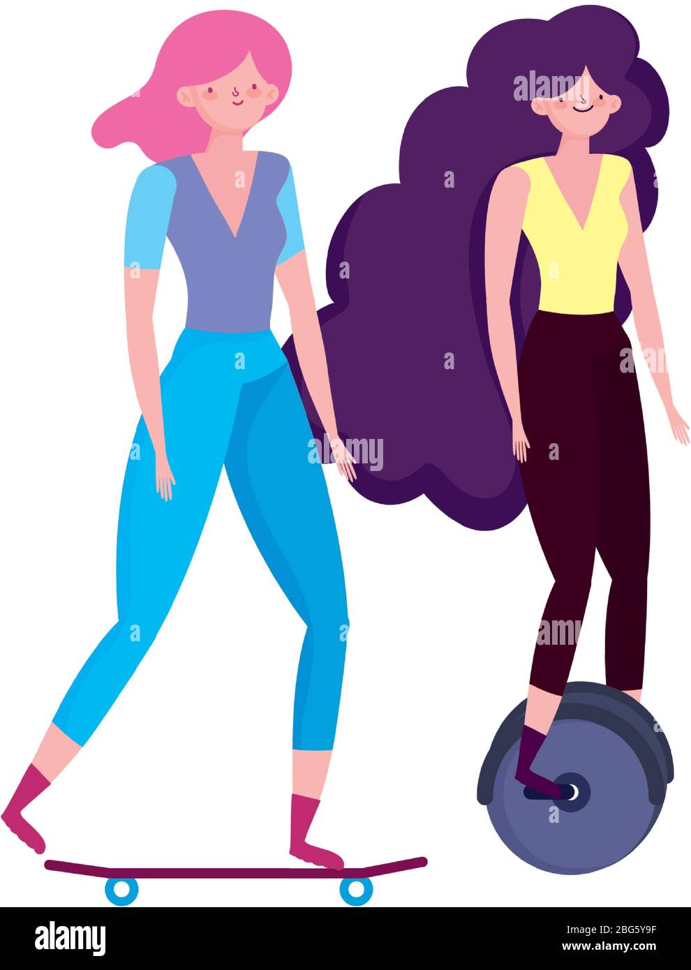 eco friendly transport, women riding unicycle and skateboard sport ...