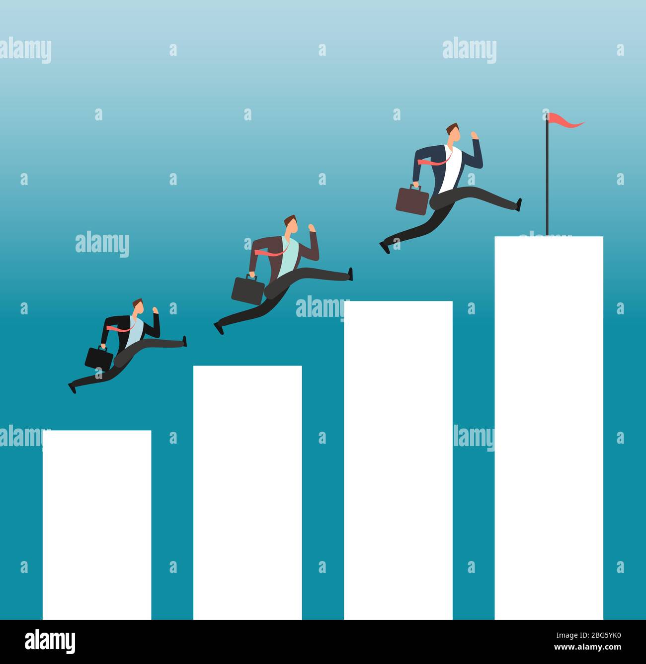 Team reaching goal. Successful people running on growing chart bars ...
