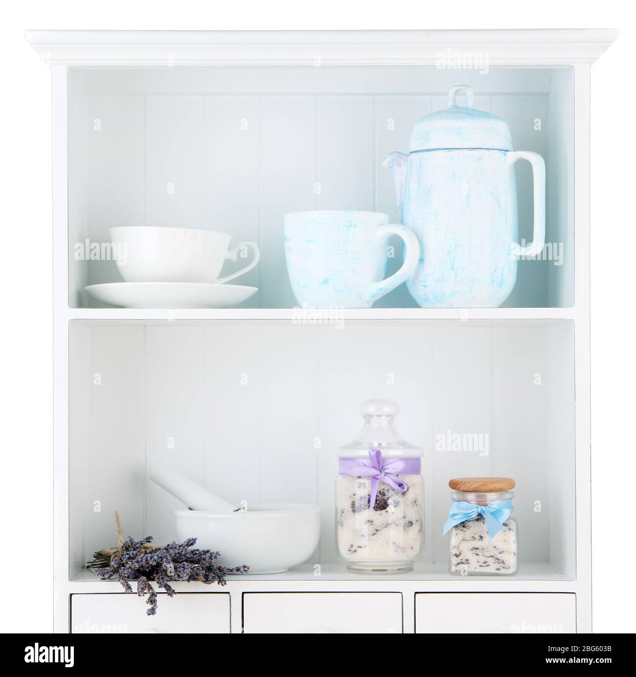 Still life with jar of lavender sugar, mortar and fresh lavender flowers on shelves Stock Photo ...