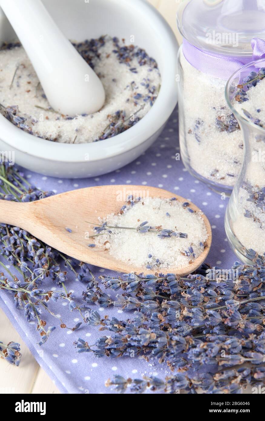 Still life with jar of lavender sugar, mortar and fresh lavender flowers , close-up Stock Photo ...