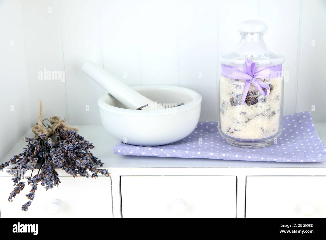 Still life with jar of lavender sugar, mortar and fresh lavender flowers on shelves Stock Photo ...