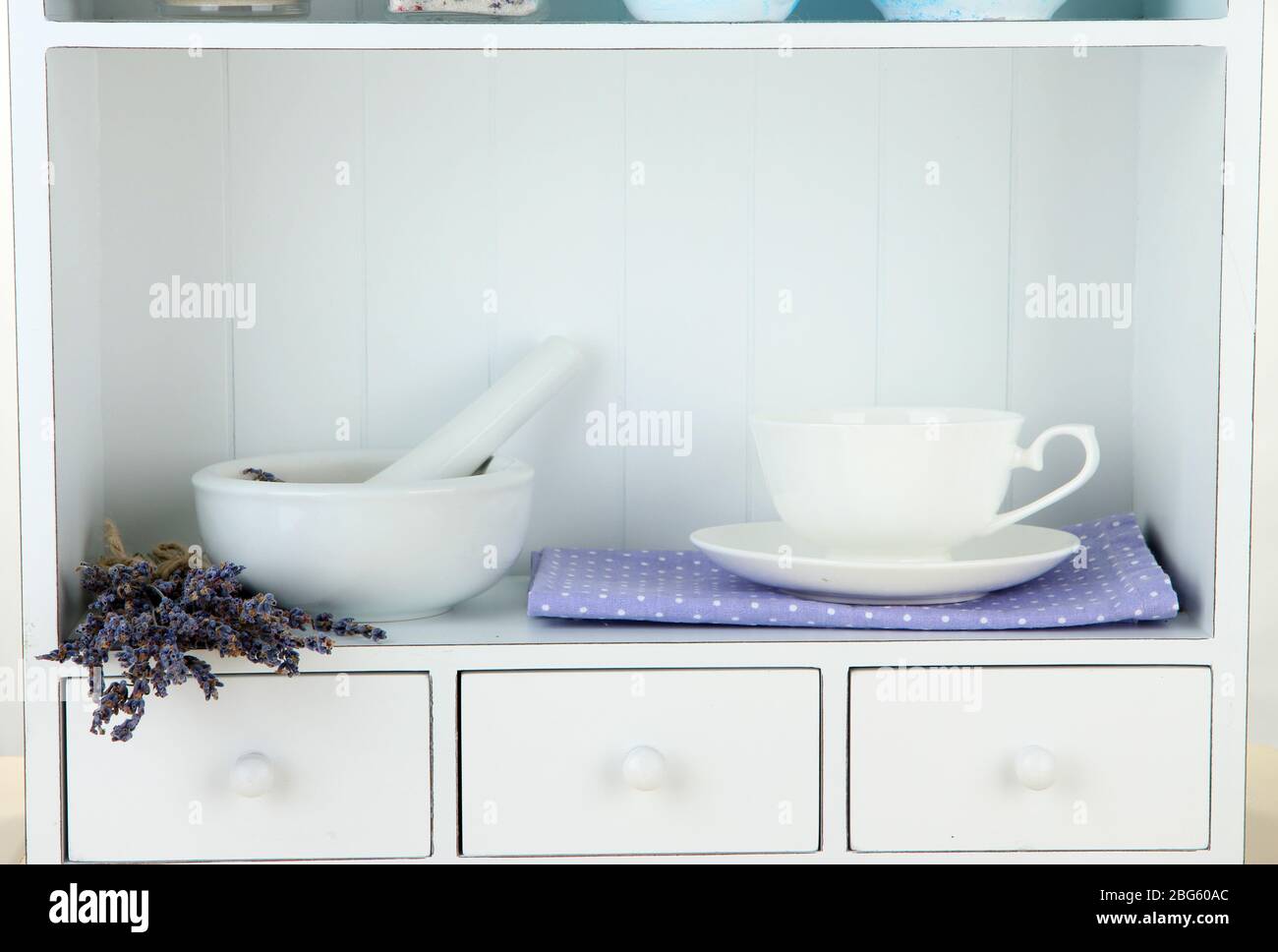 Still life with jar of lavender sugar, mortar and fresh lavender flowers on shelves Stock Photo ...