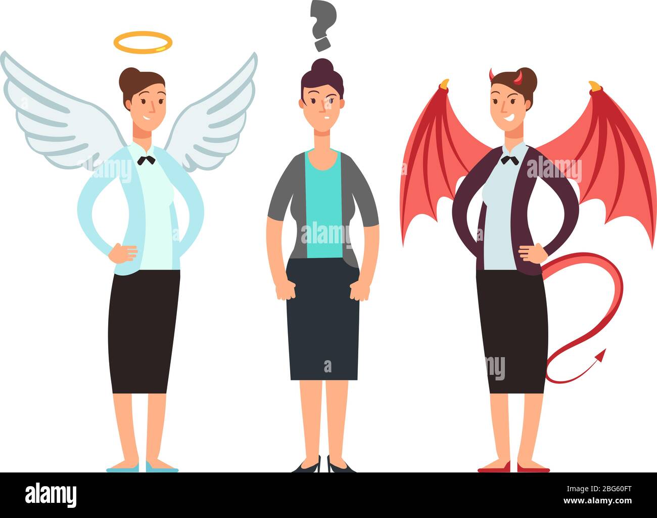 Confused woman with angel and devil over shoulders. Business ethics ...