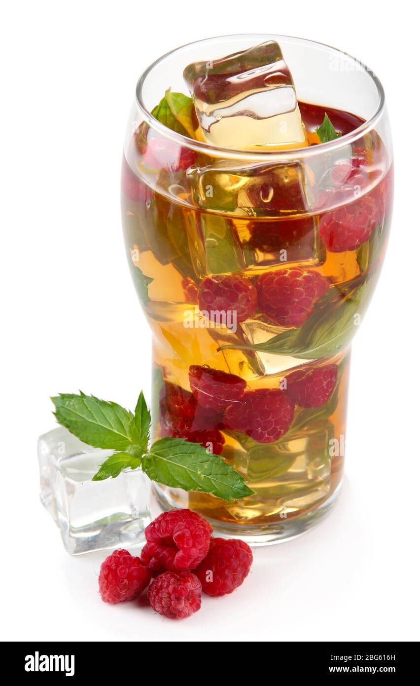 Iced tea with raspberries and mint isolated on white Stock Photo - Alamy