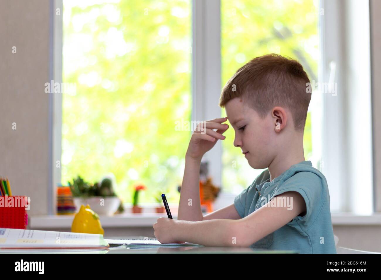 Distance learning online education. Schoolboy studying at home and doing school homework ...