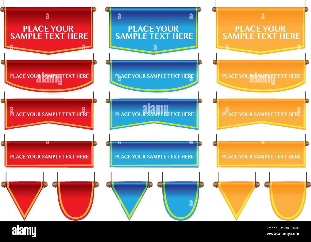 Different shapes of flag/banner in three colorsand own area for copy ...