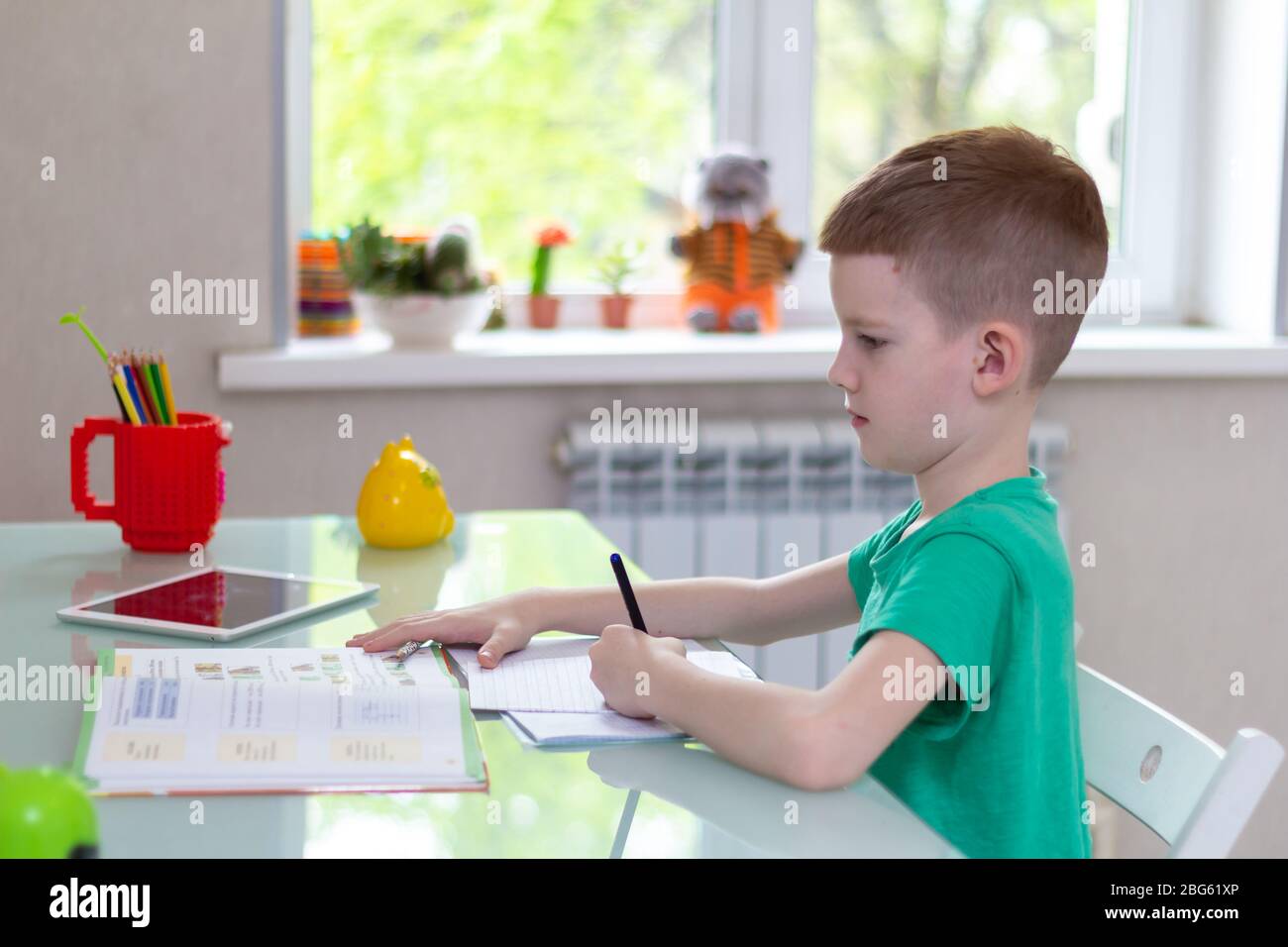 Distance learning online education. Schoolboy studying at home and ...