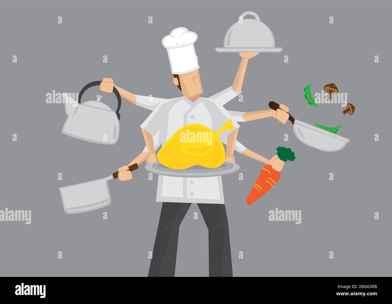 Cartoon chef character with multi-tasking with six arms holding ...