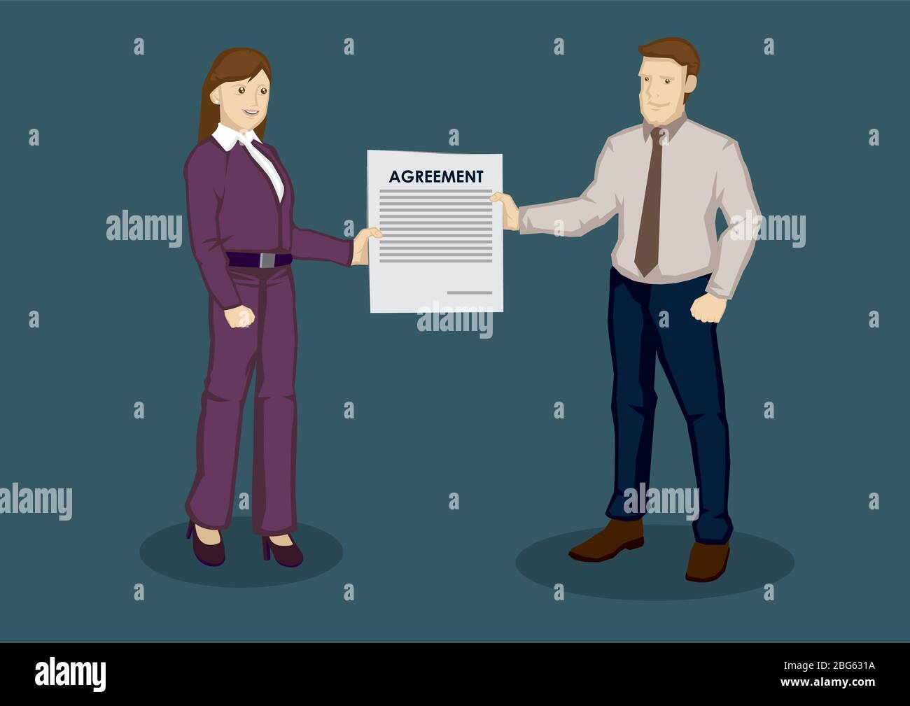 Business woman and businessman holding a contract of agreement between ...