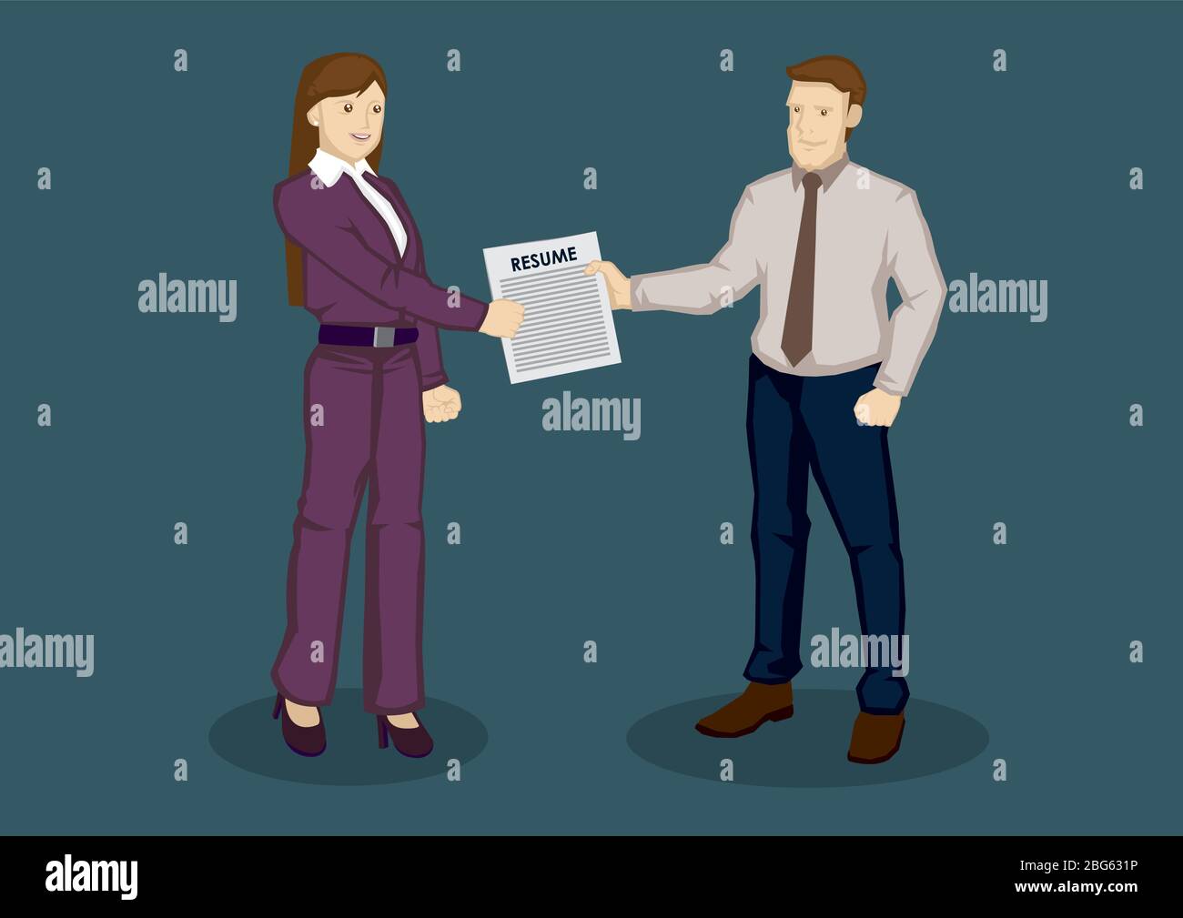 Cartoon businessman handing over resume to business woman in person ...
