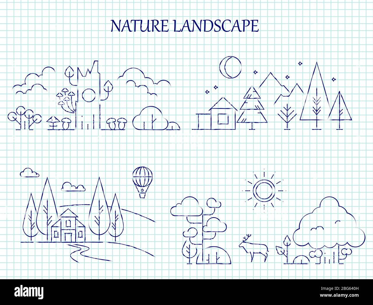 Hand drawn nature landscape line set on page notebook. Vector ...