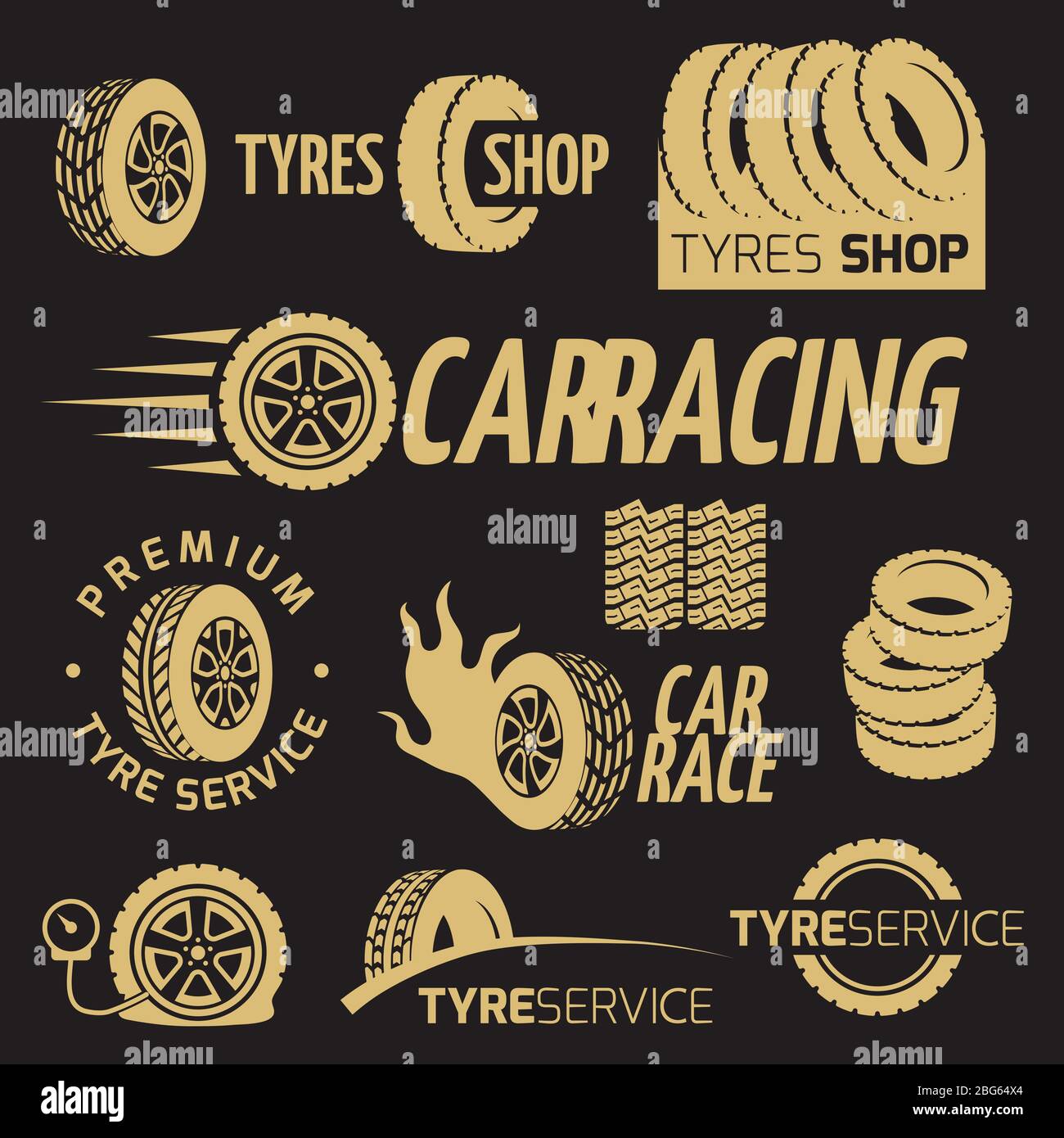 Automobile rubber tire shop, car wheel, racing vector logos and labels ...