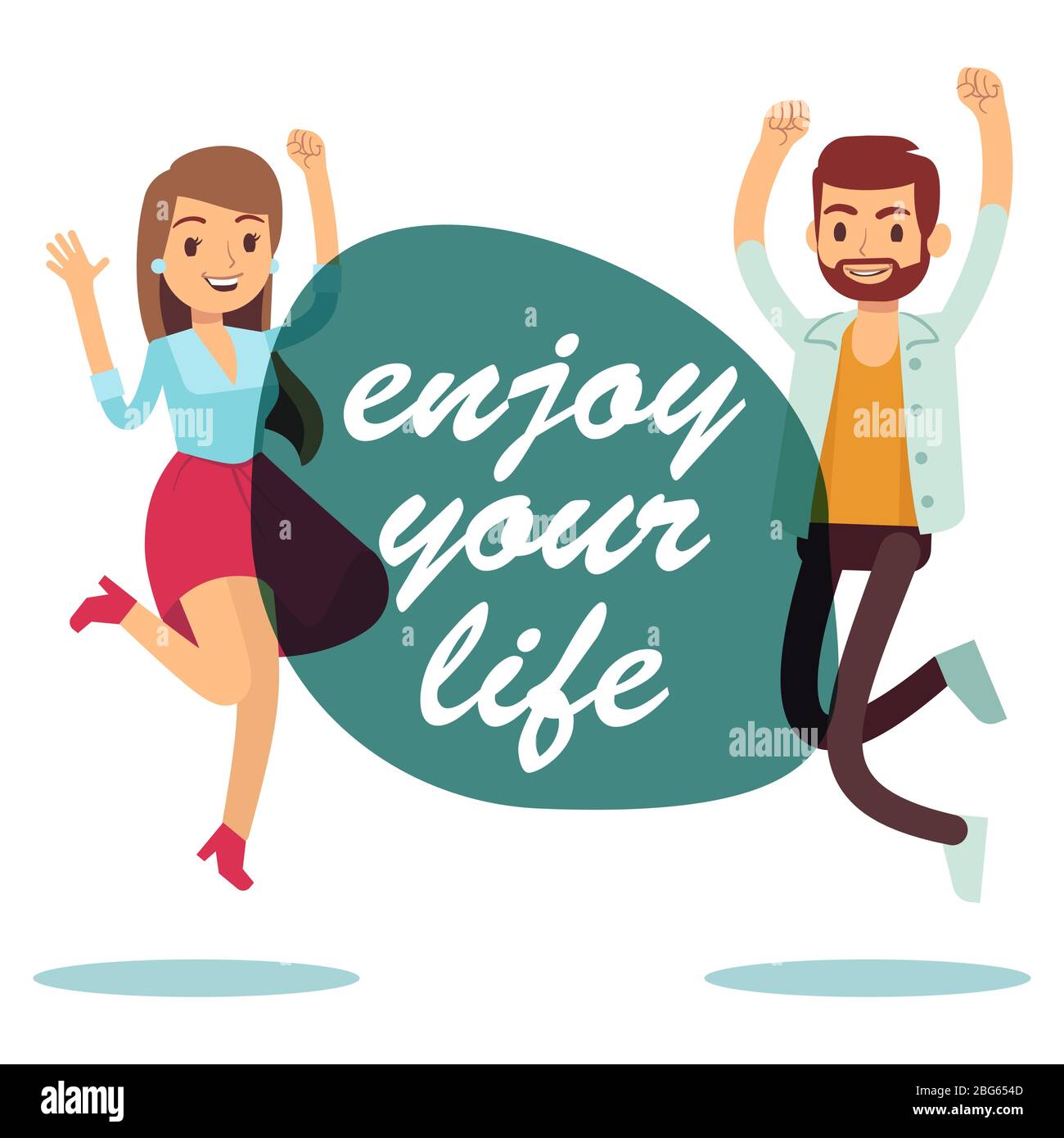Happy jumping couple. Enjoy your life poster with girl and boy. Vector ...