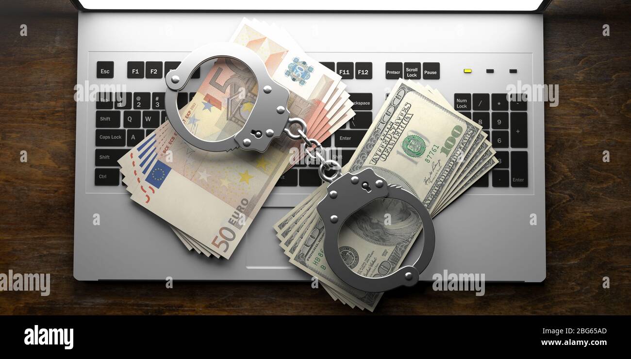 Cyber crime. Handcuffs and US dollars and euro banknotes on a computer ...