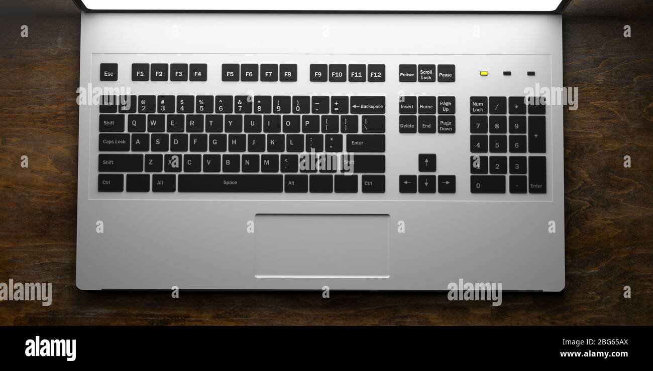 Laptop open, top view on wood. Computer keyboard view from above, desk ...