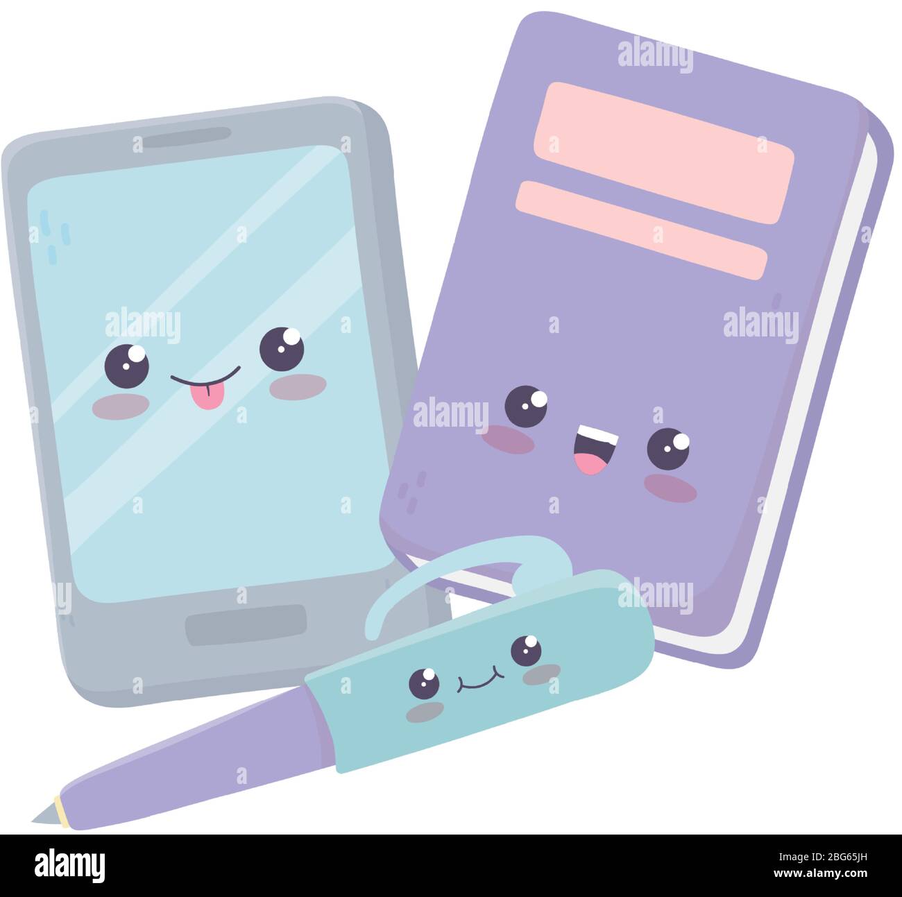cute smartphone book and pen kawaii cartoon character vector ...
